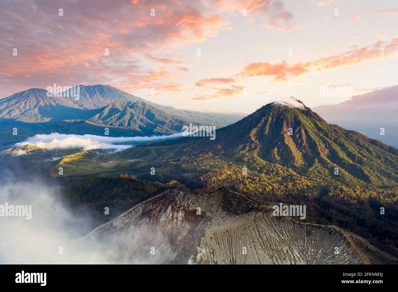 View from above, stunning aerial view of the Ijen volcano complex ...
