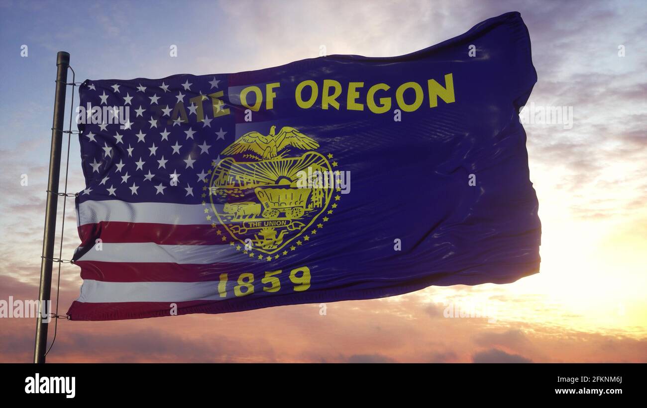 Oregon and USA flag on flagpole. USA and Oregon Mixed Flag waving in ...