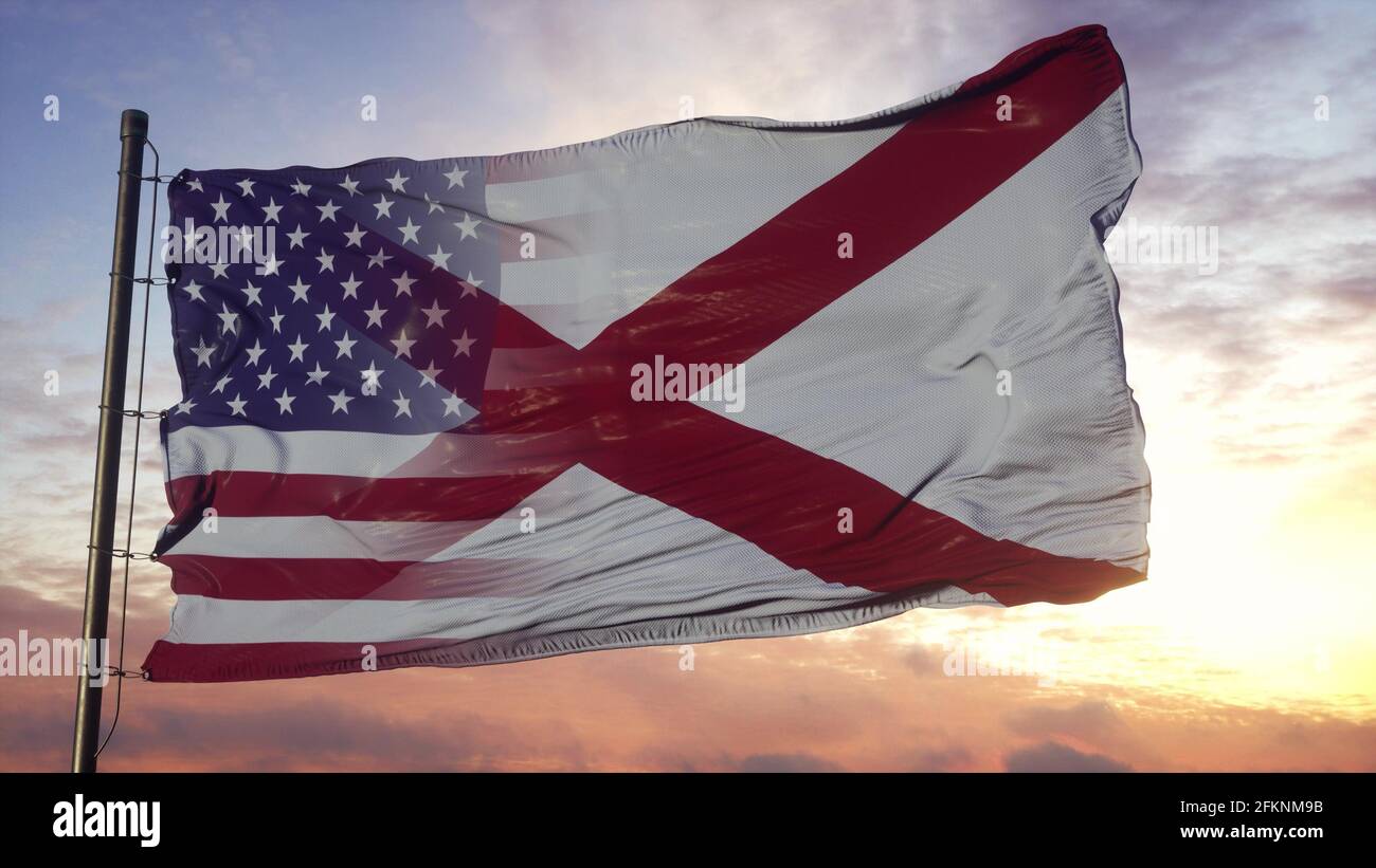 Alabama and USA flag on flagpole. USA and Alabama Mixed Flag waving in ...