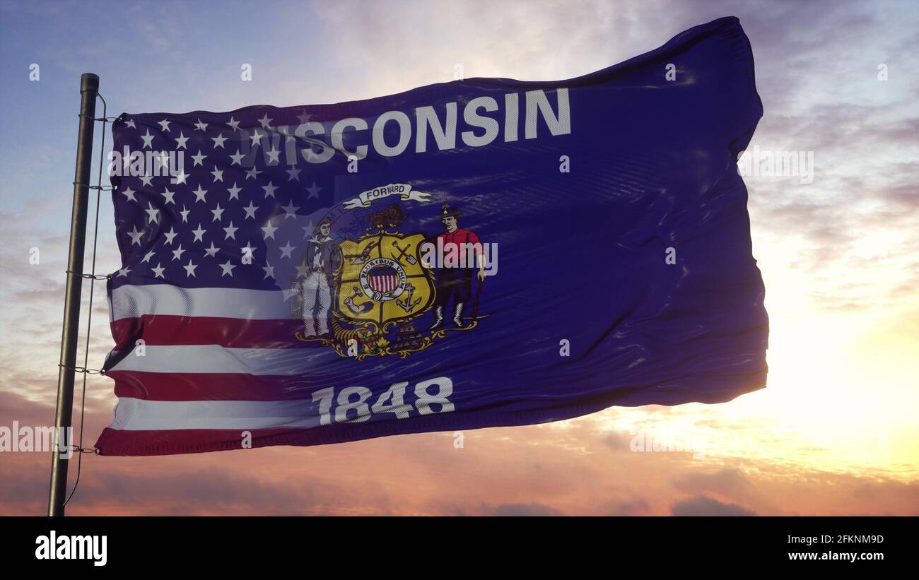 Wisconsin and USA flag on flagpole. USA and Wisconsin Mixed Flag waving ...