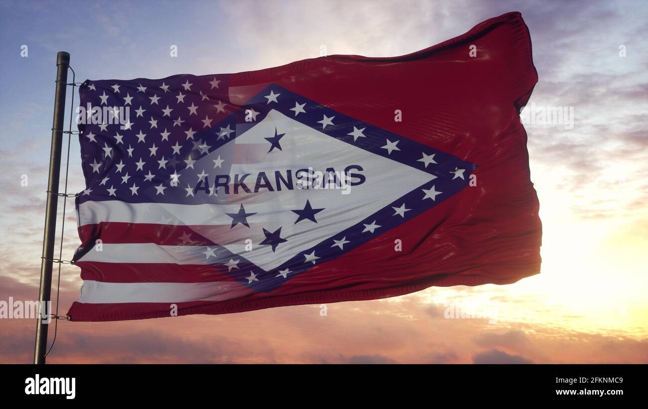 Arkansas and USA flag on flagpole. USA and Arkansas Mixed Flag waving ...
