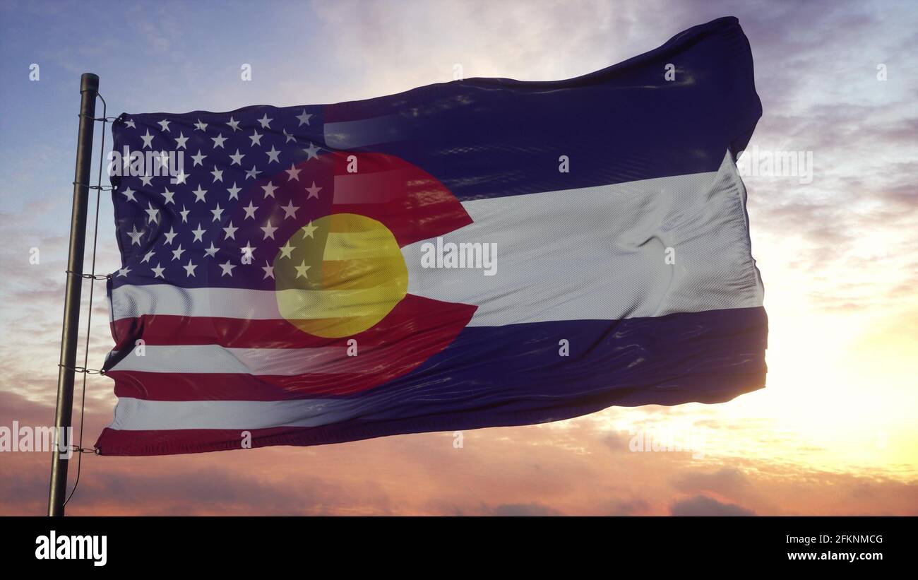 Colorado and USA flag on flagpole. USA and Colorado Mixed Flag waving ...