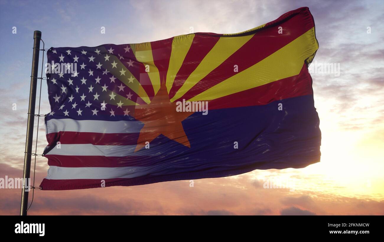 Arizona and USA flag on flagpole. USA and Arizona Mixed Flag waving in ...