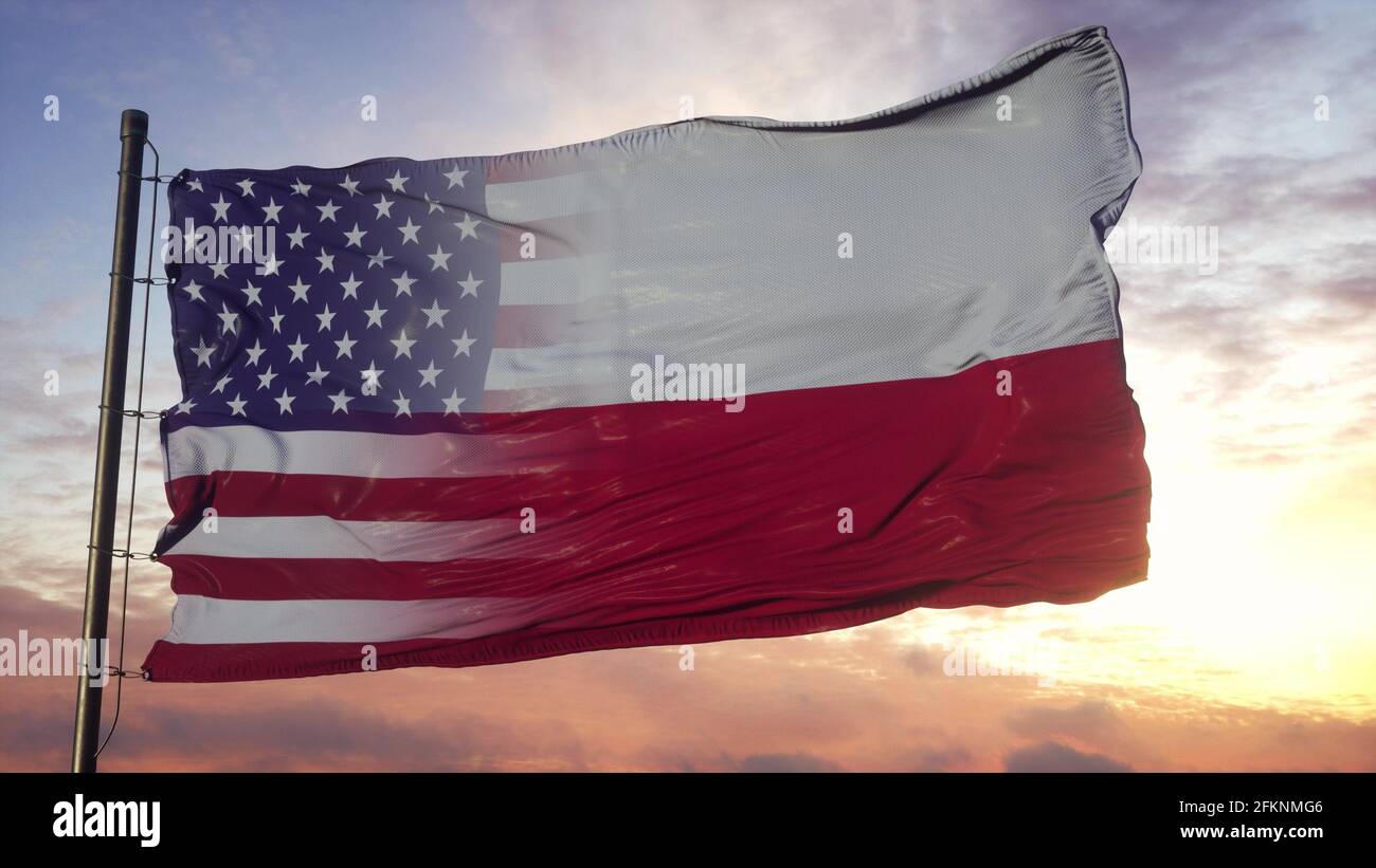 Poland and USA flag on flagpole. USA and Poland Mixed Flag waving in ...