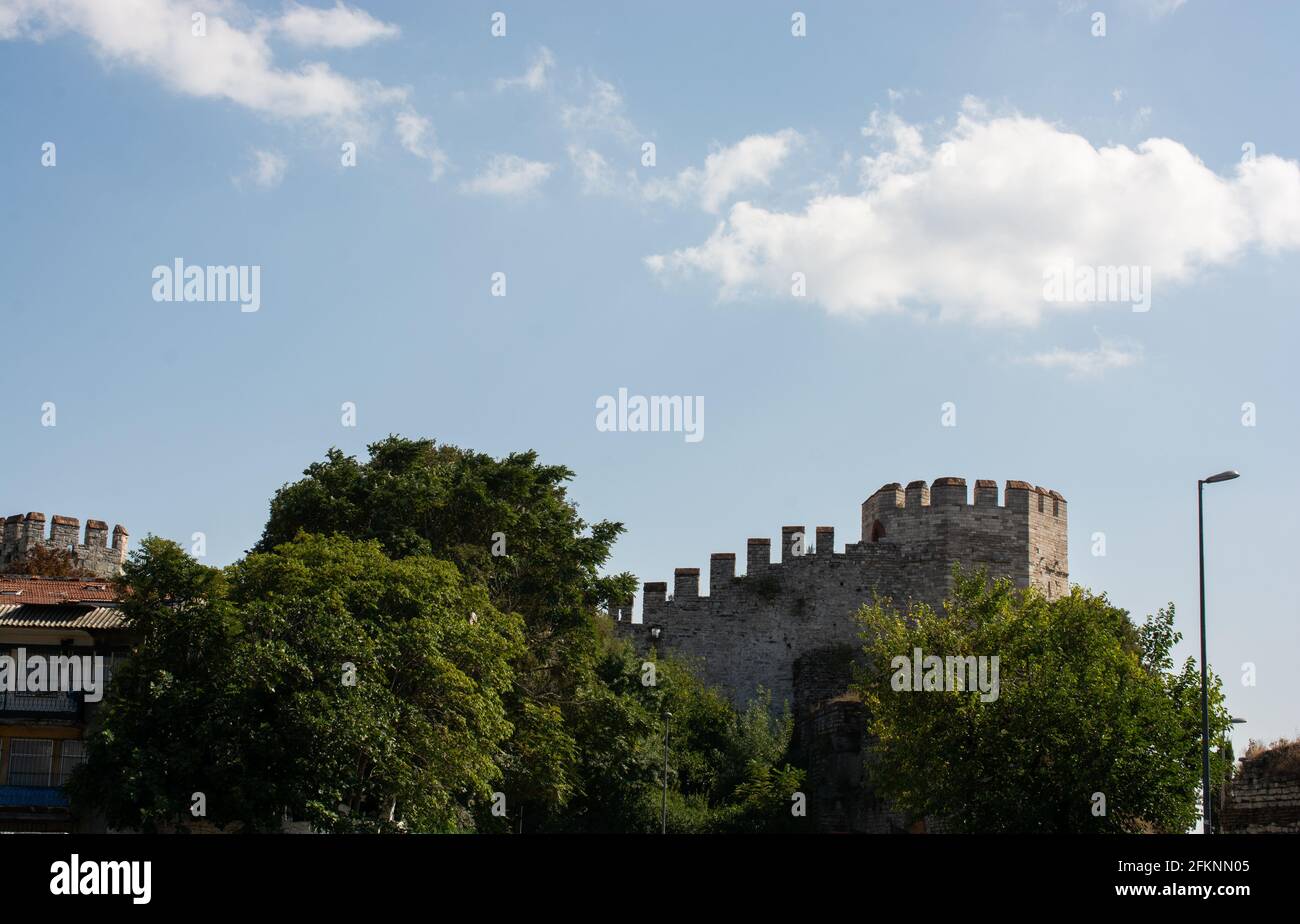 The ancient city walls of Constantinople in Istanbul, Turkey Stock ...