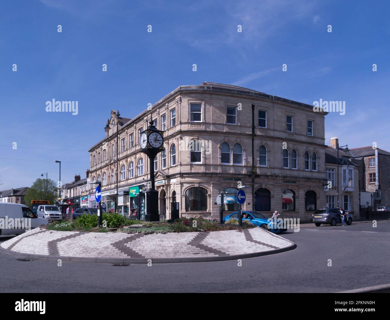 Town clock on roundabout in town centre of Penarth Vale of Glamorgan ...