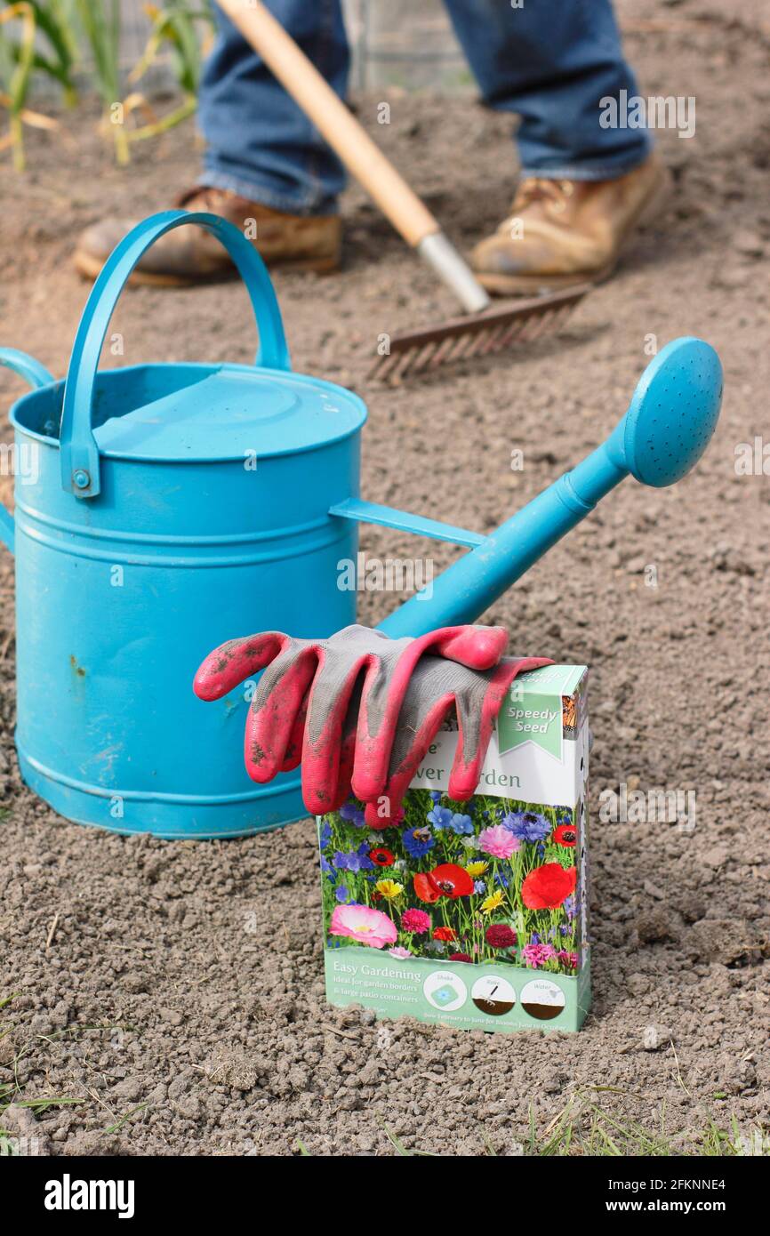 Sowing wildflowers. Preparing a seed bed before sowing wild flower seed ...