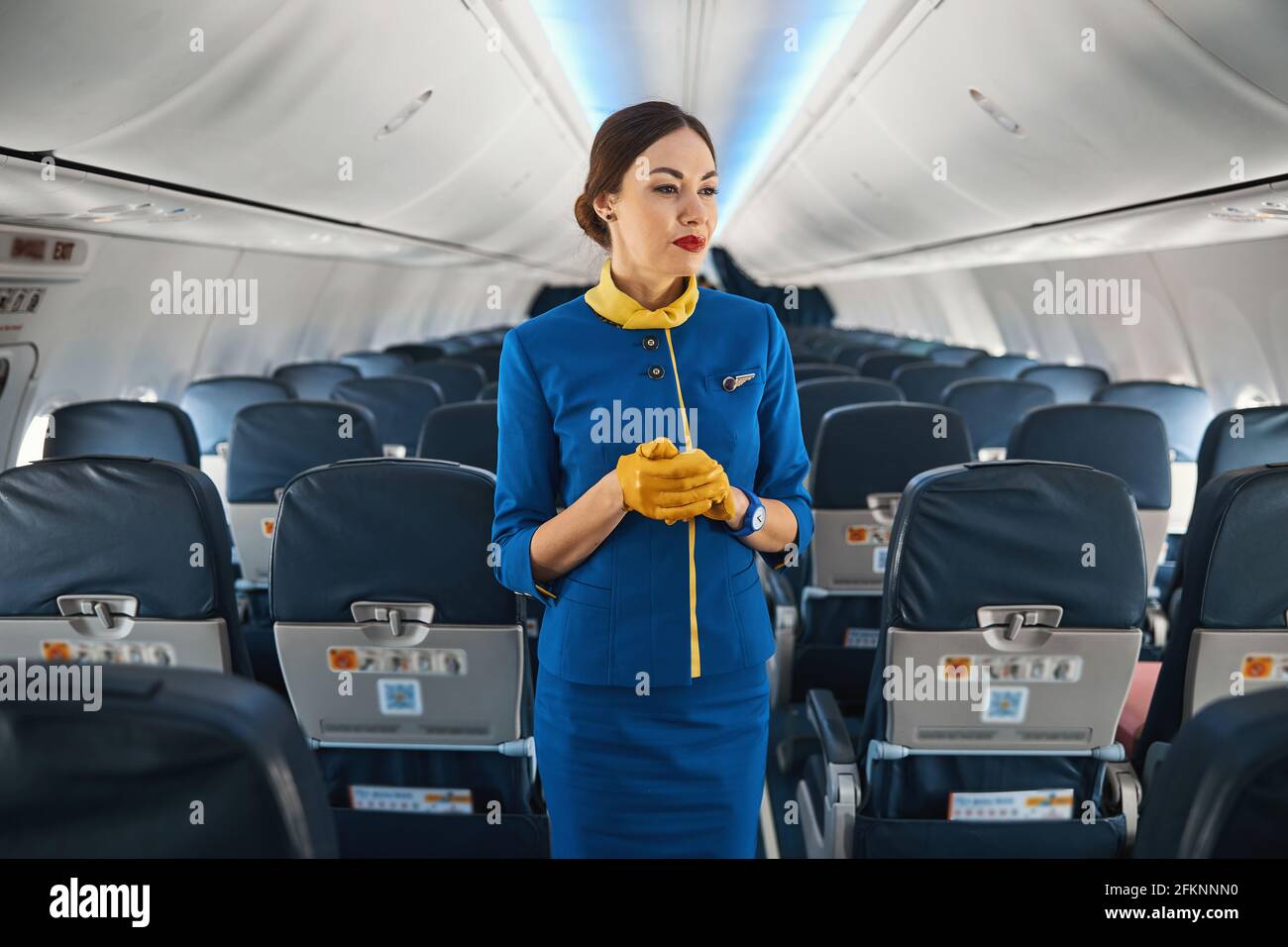 Beautiful Caucasian air hostess standing calmly in the plane Stock ...