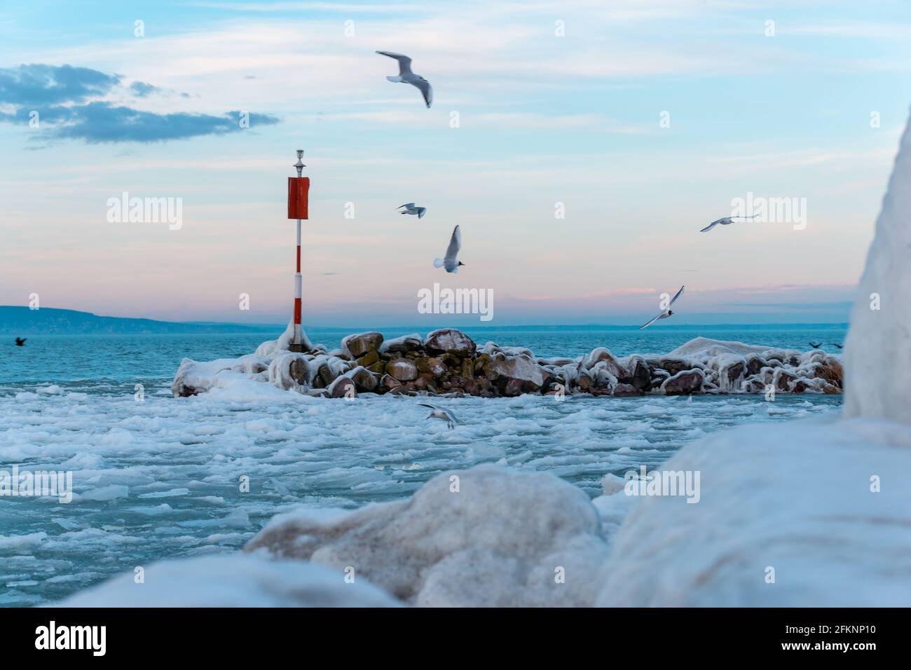 Beautiful shot of the Lake Balaton in Hungary during the winter with ...