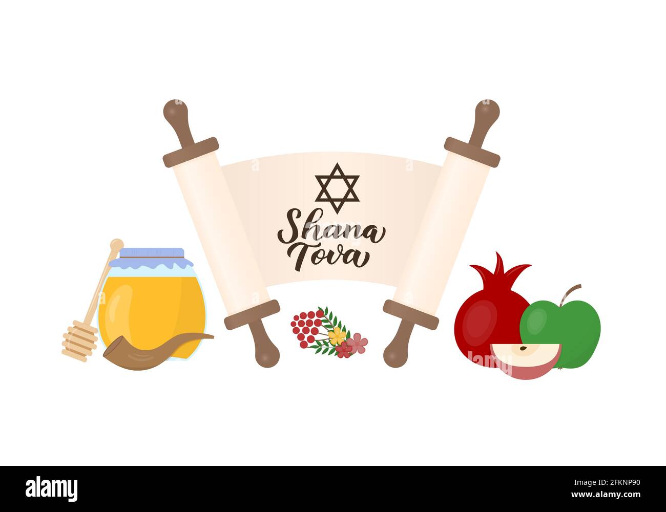 Shana Tova calligraphy hand lettering with traditional symbols of Rosh ...