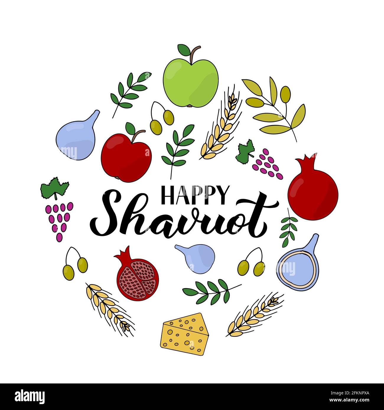 Happy Shavuot calligraphy lettering with hand drawn symbols. Jewish ...