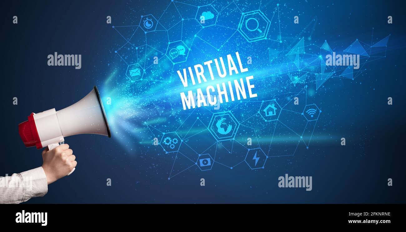 Young woman shouting in megaphone, technology announcement concept ...