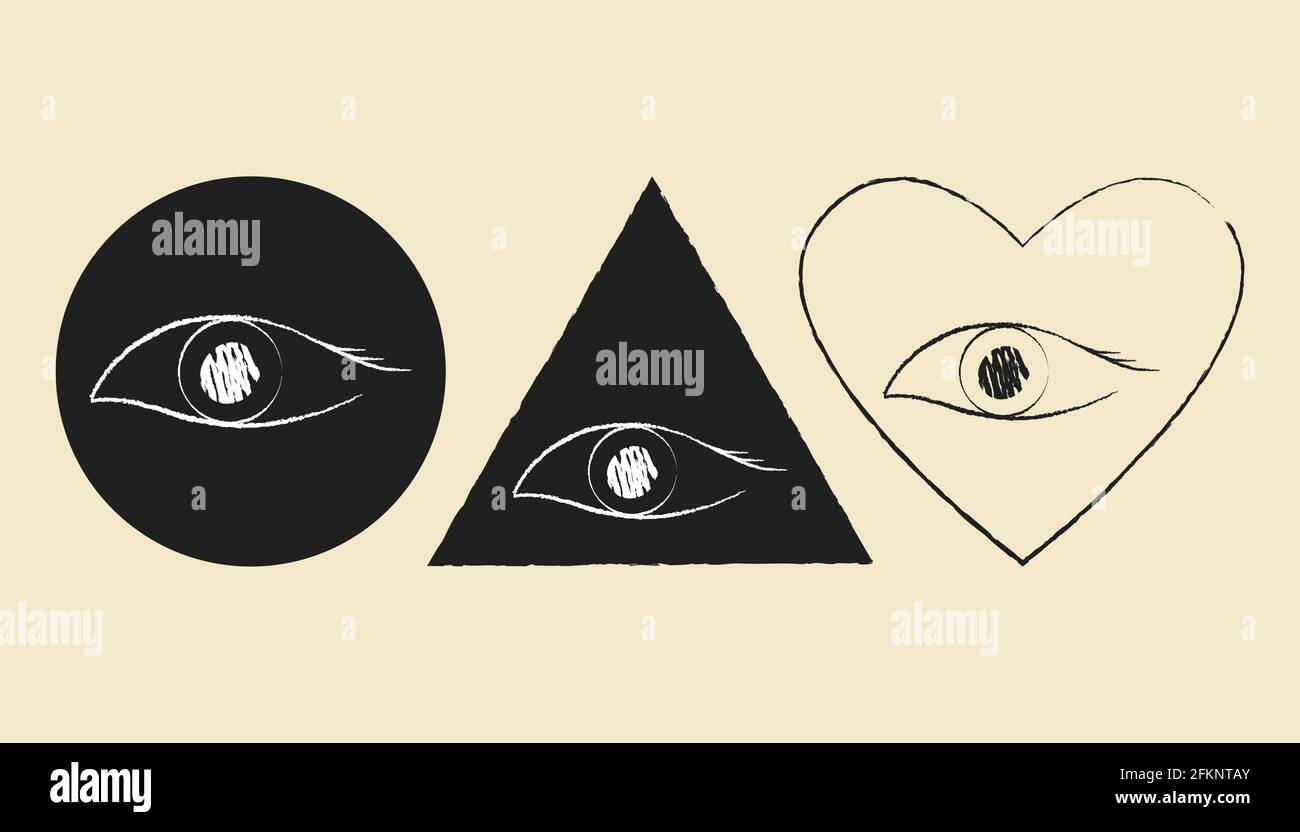 Pencil chalk stroke eye icons set in shapes of circle,triangle, heart ...