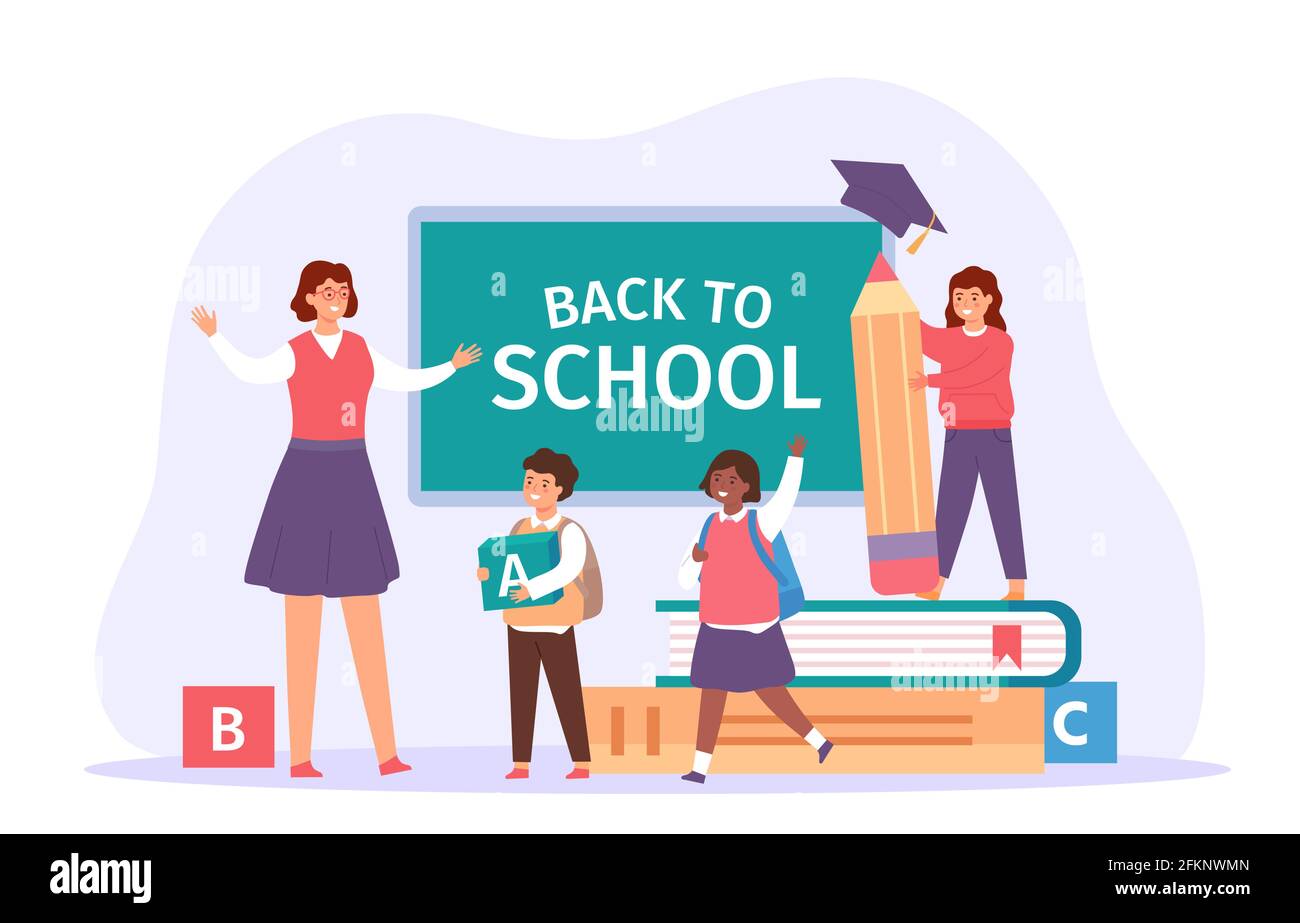 Back to school. Happy teacher meet students with bags, books and pencil ...