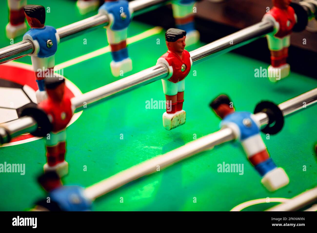 Figurines of soccer players close up on table soccer game table Stock ...