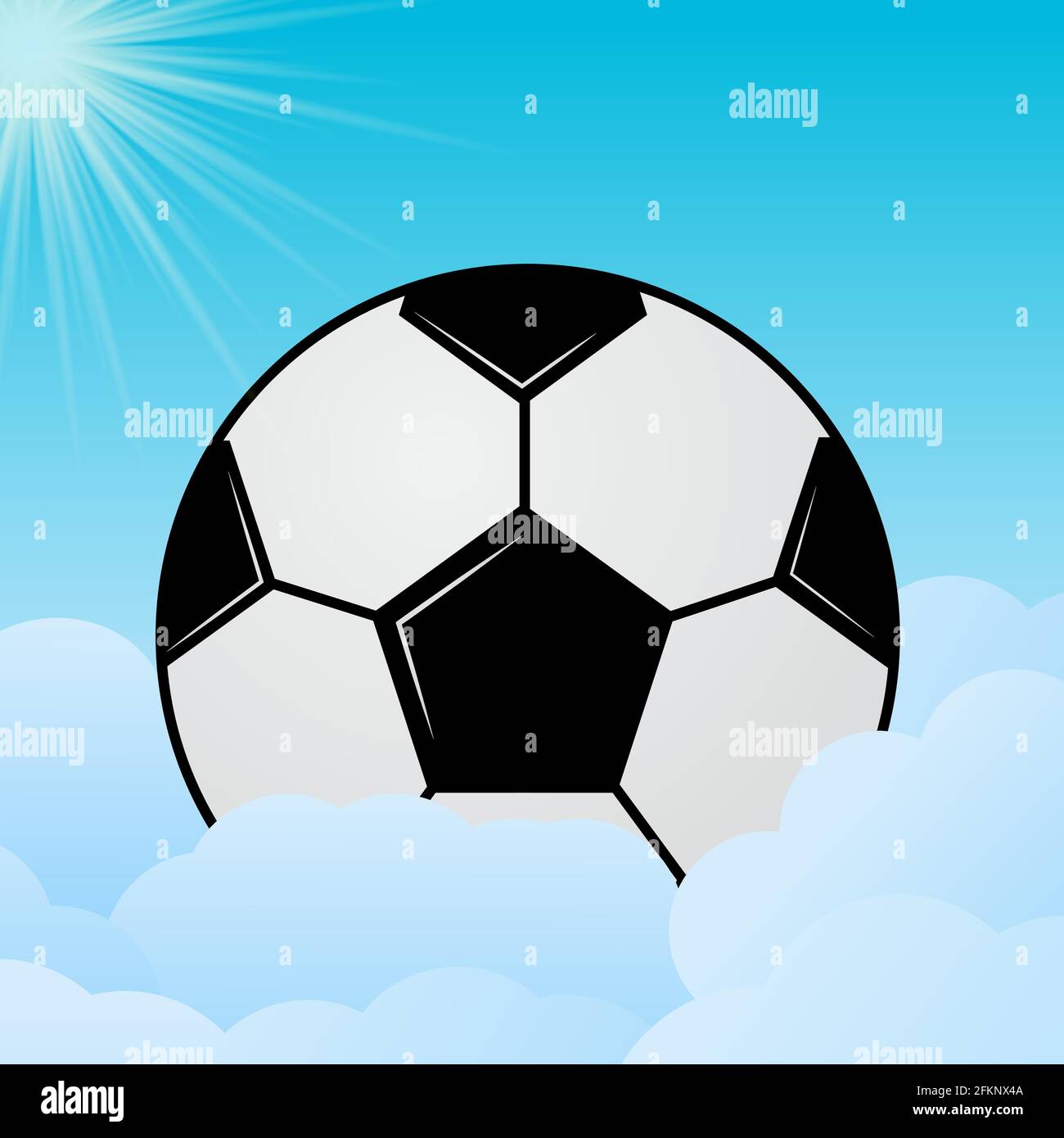 Soccer ball peeking out from behind the clouds. Blue sky and sun ...