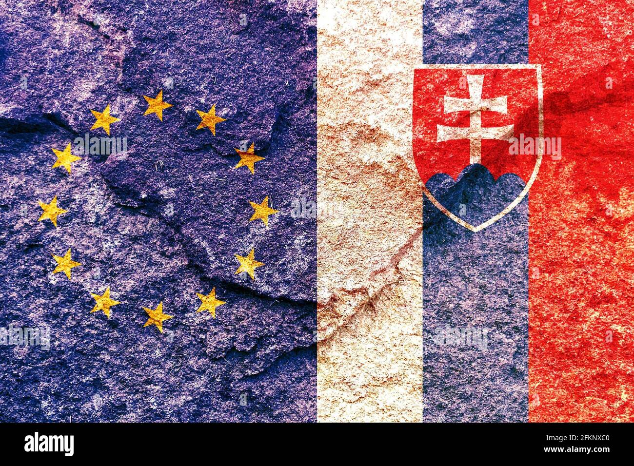 Flags of EU and Slovakia next to each other on a stone wall texture ...