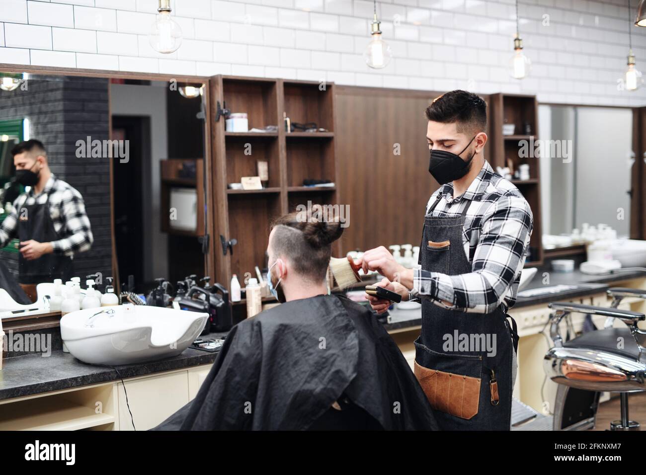 Man client visiting haidresser in barber shop, coronavirus and new ...