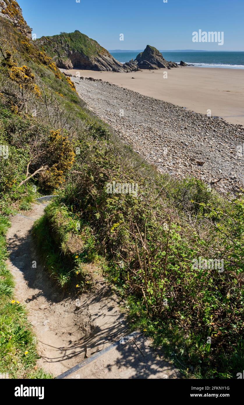 Steps down to Monkstone Beach at Monkstone Point, between Saundersfoot ...