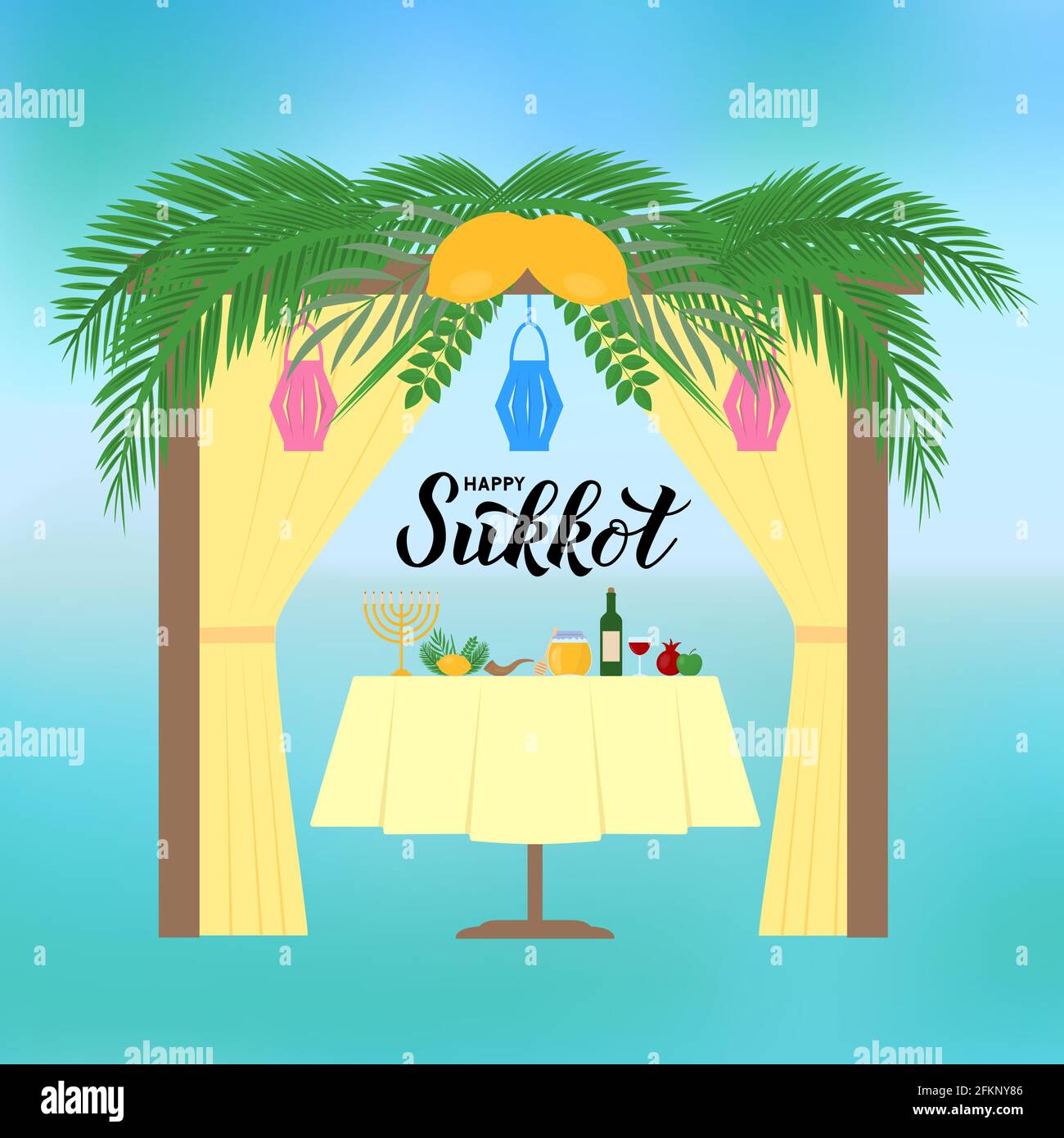 Sukkah with table, traditional Jewish symbols and hand lettering Happy ...