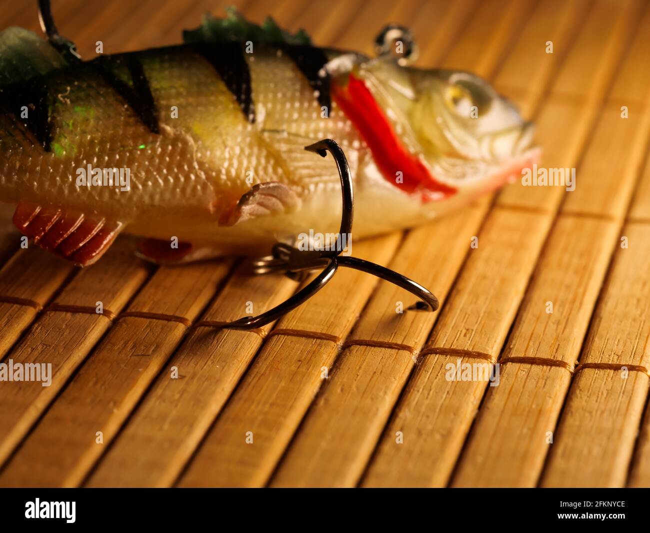 Fishing equipment on a old wooden table. Sport and recreation concept ...