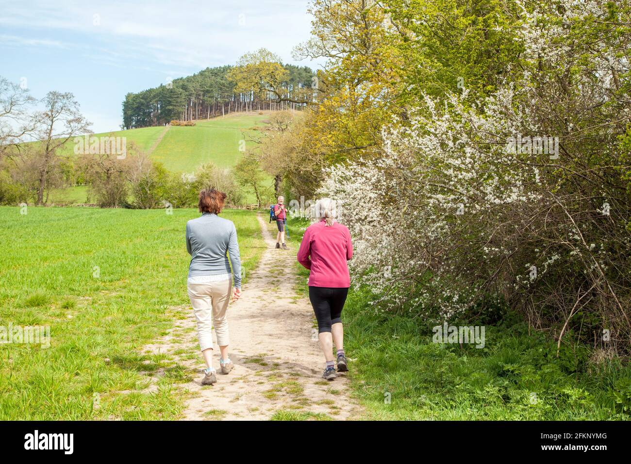 People walking backpacking in the English countryside in Bickerton ...