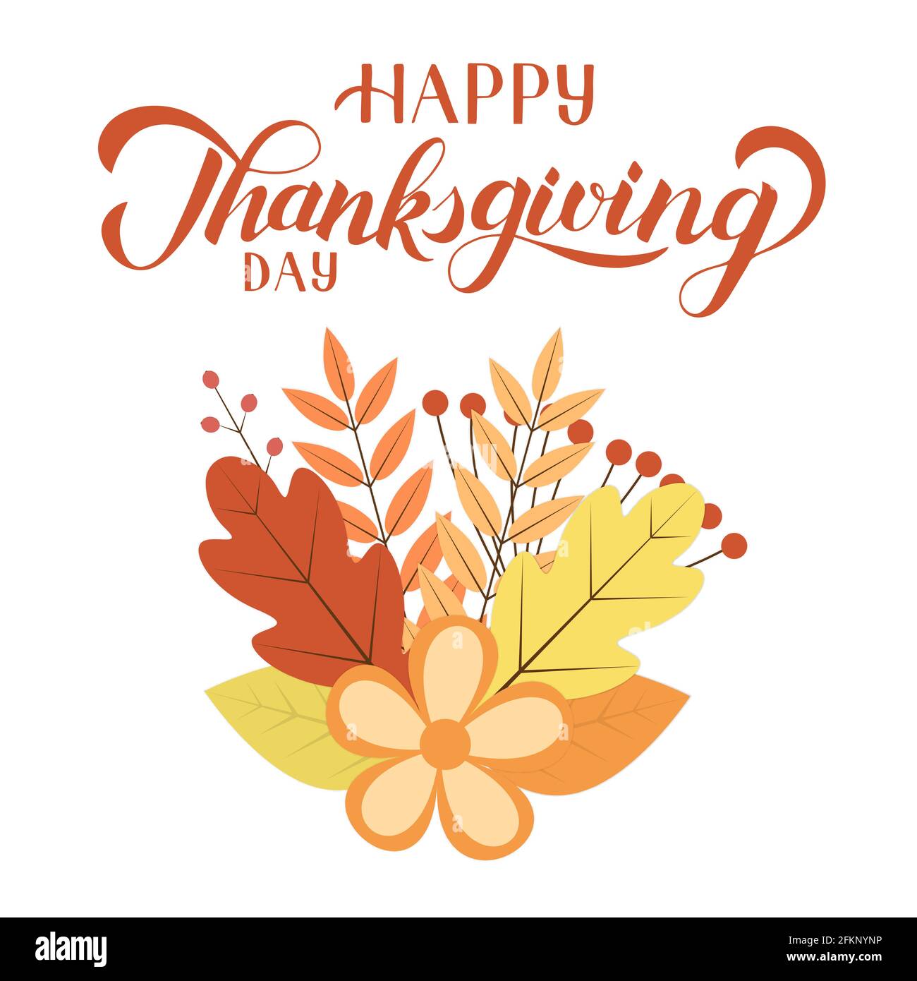 Happy Thanksgiving Day calligraphy brush lettering. Bunch with colorful leaves, flowers and ...