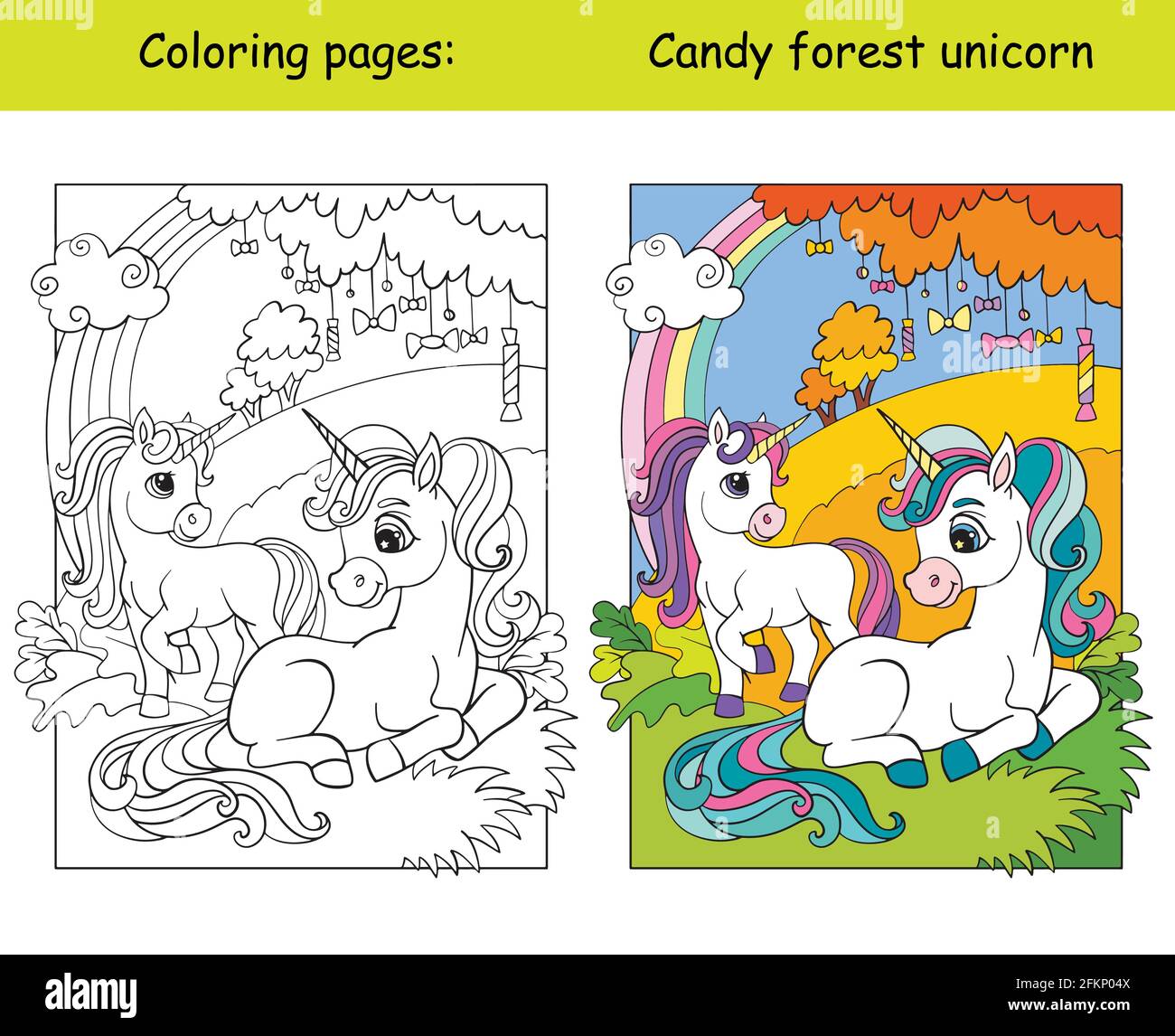 Cute unicorns in the autumn forest. Coloring book page for children ...