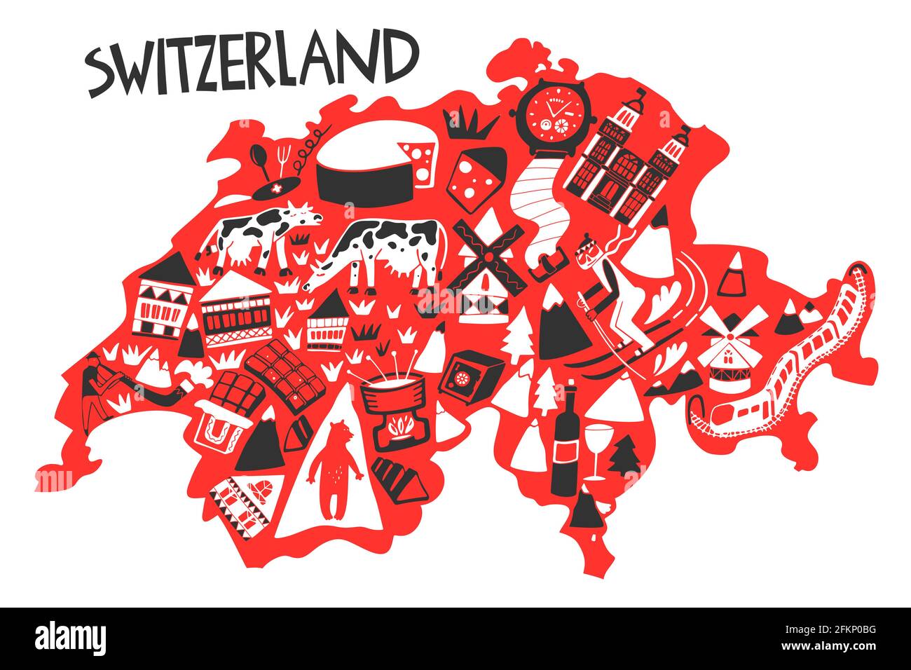 Vector hand drawn stylized map of Switzerland landmarks. Travel ...