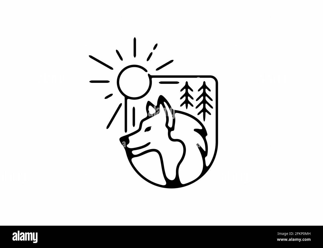 Black line art illustration of wild wolf in half oval shape design ...