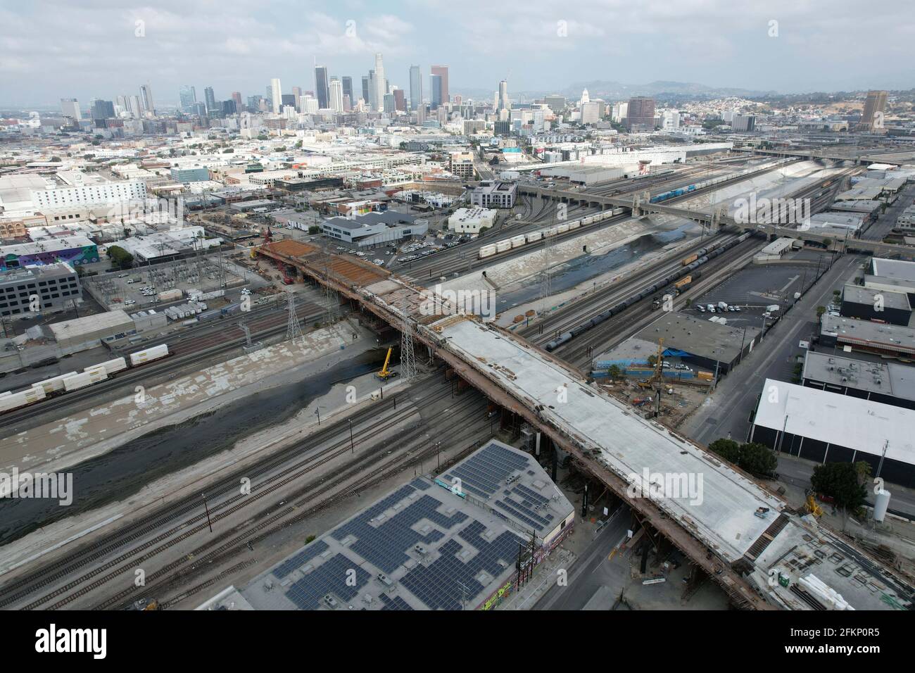 An aerial view of construction of the Sixth Street Viaduct bridge ...
