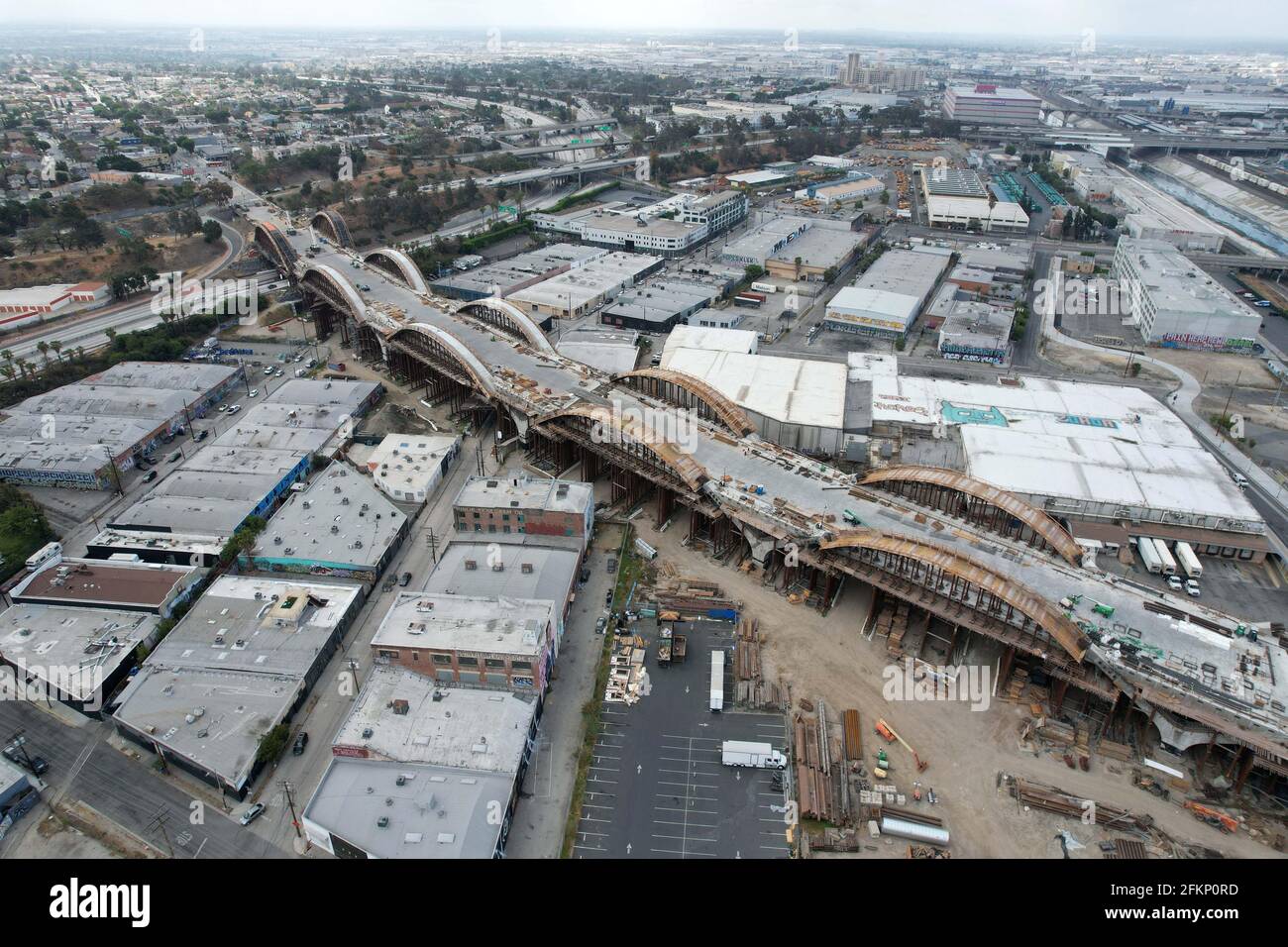 An aerial view of construction of the Sixth Street Viaduct bridge ...