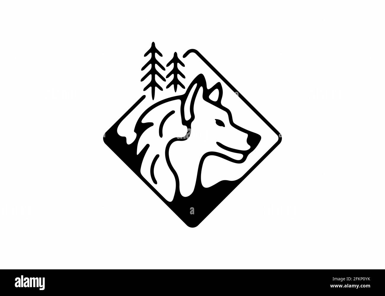 Black line art illustration of wild wolf in tilted square shape design ...