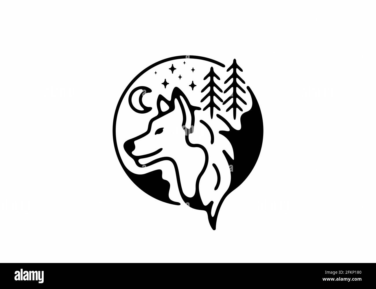 Black line art illustration of wild wolf in circle shape design Stock ...
