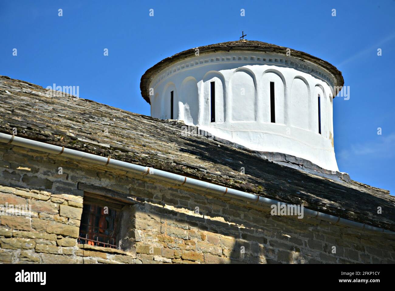 Ancient Greek Orthodox church dome on a handcrafted slate rooftop in ...