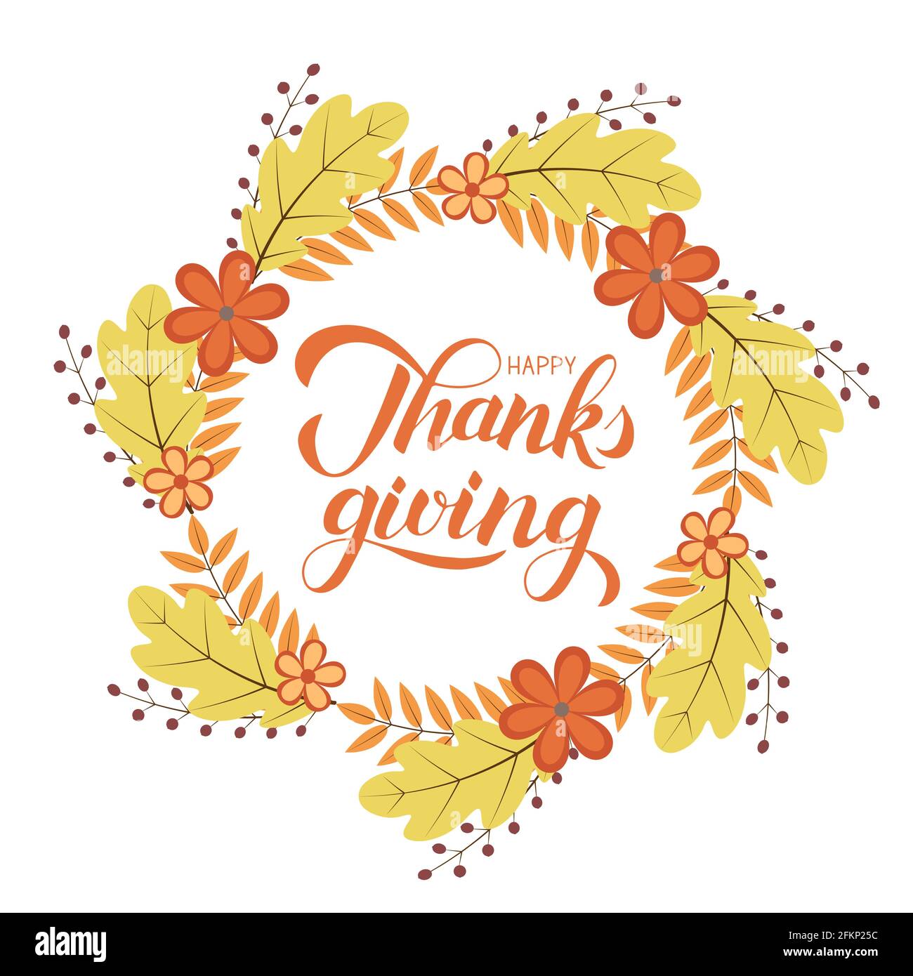 Happy Thanksgiving calligraphy brush lettering. Wreath of colorful autumn leaves, flowers and ...