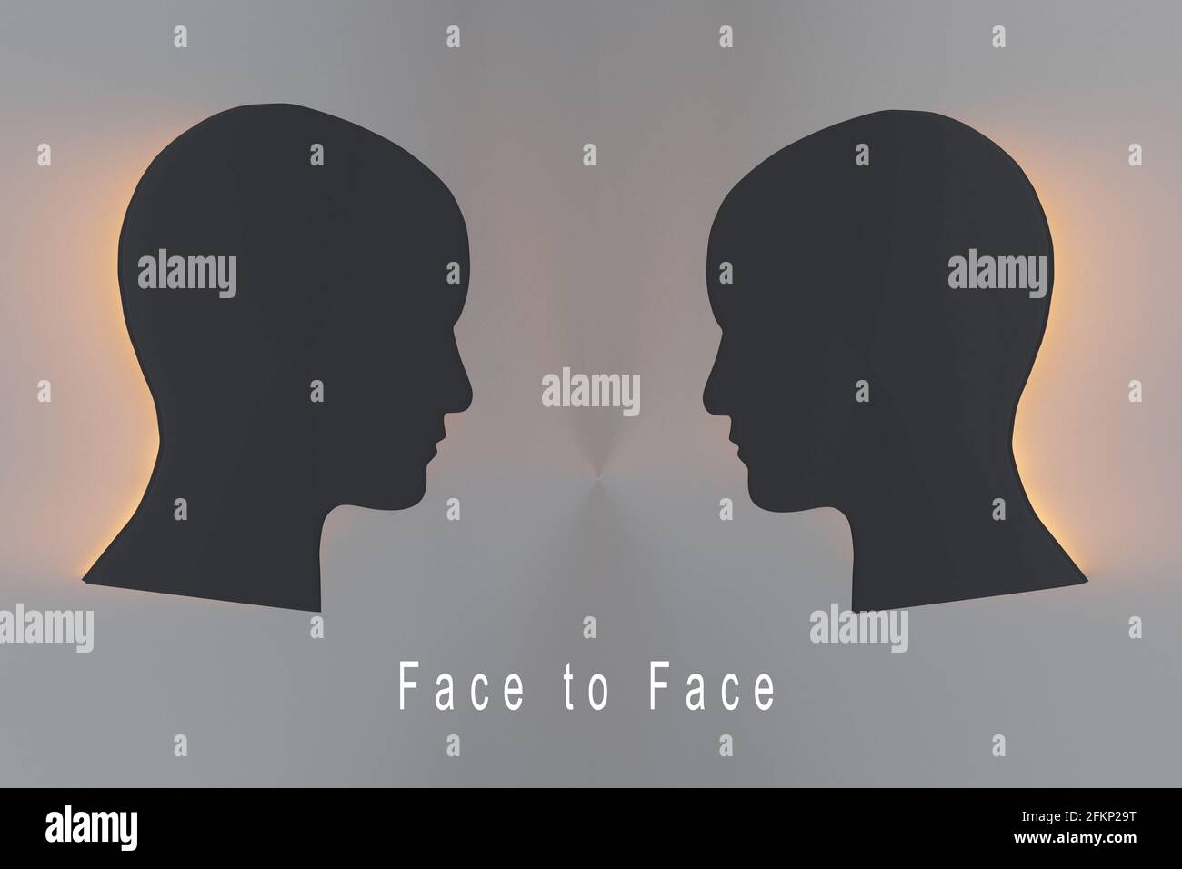 3D illustration of Face to Face script below two head silhouettes ...