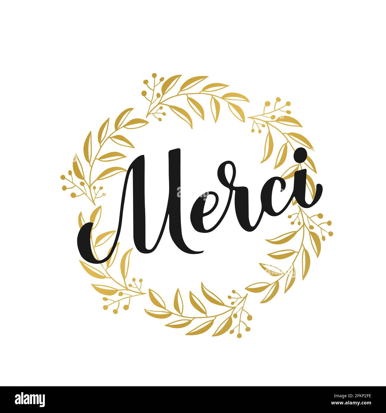 Thank you calligraphy hand lettering in French language. Gold floral ...