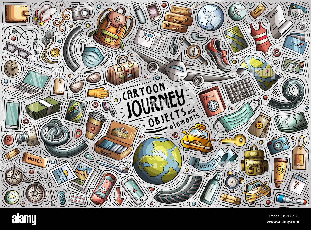 Colorful vector hand drawn doodle cartoon set of 2021 Travel theme ...