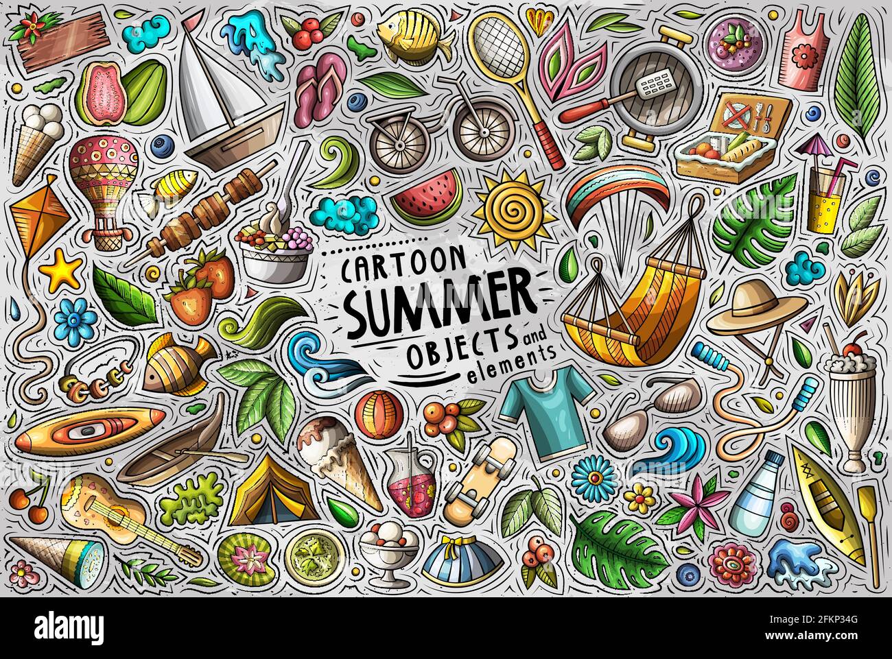 Colorful vector hand drawn doodle cartoon set of Summer theme items ...