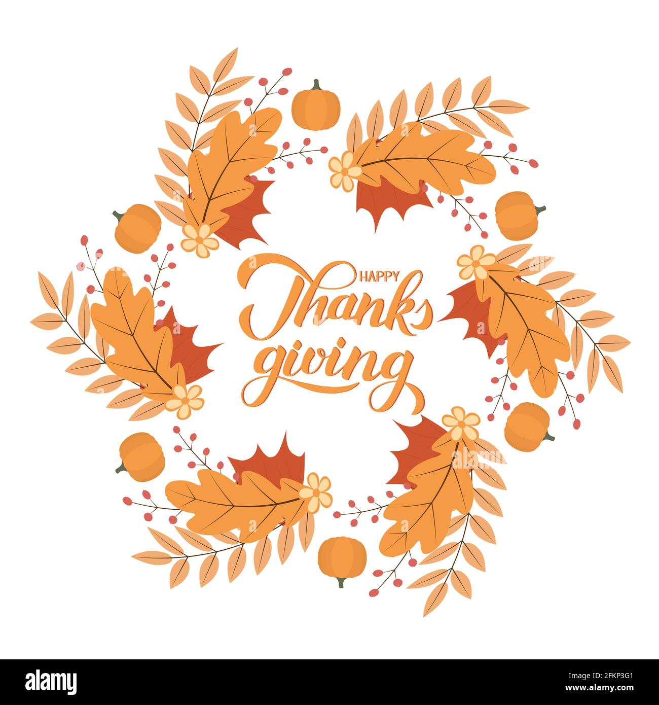 Happy Thanksgiving calligraphy brush lettering. Wreath of colorful autumn leaves, flowers ...