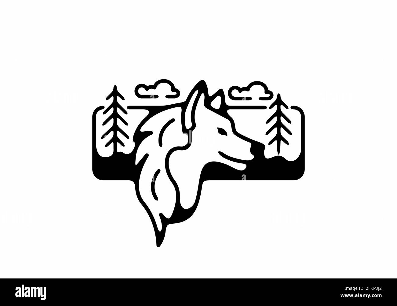 Black line art illustration of wild wolf in rectangle shape design ...