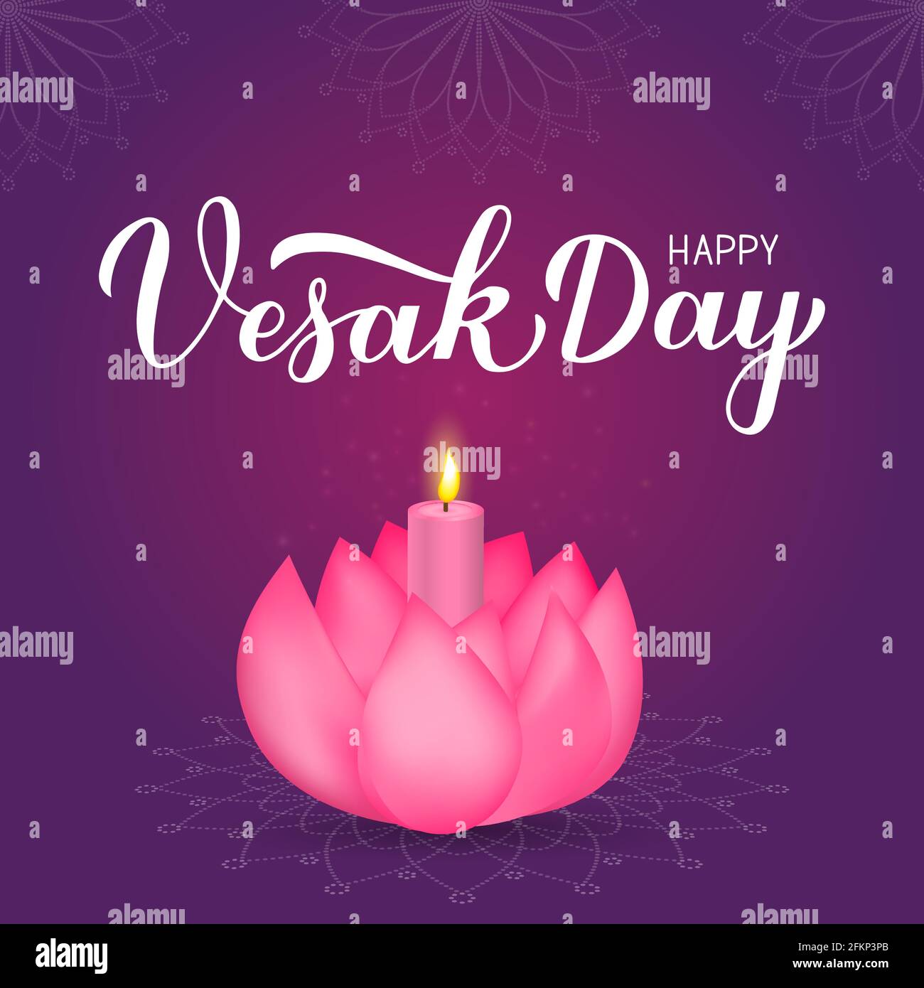Happy Vesak Day Calligraphy hand lettering and lotus flower with candle ...