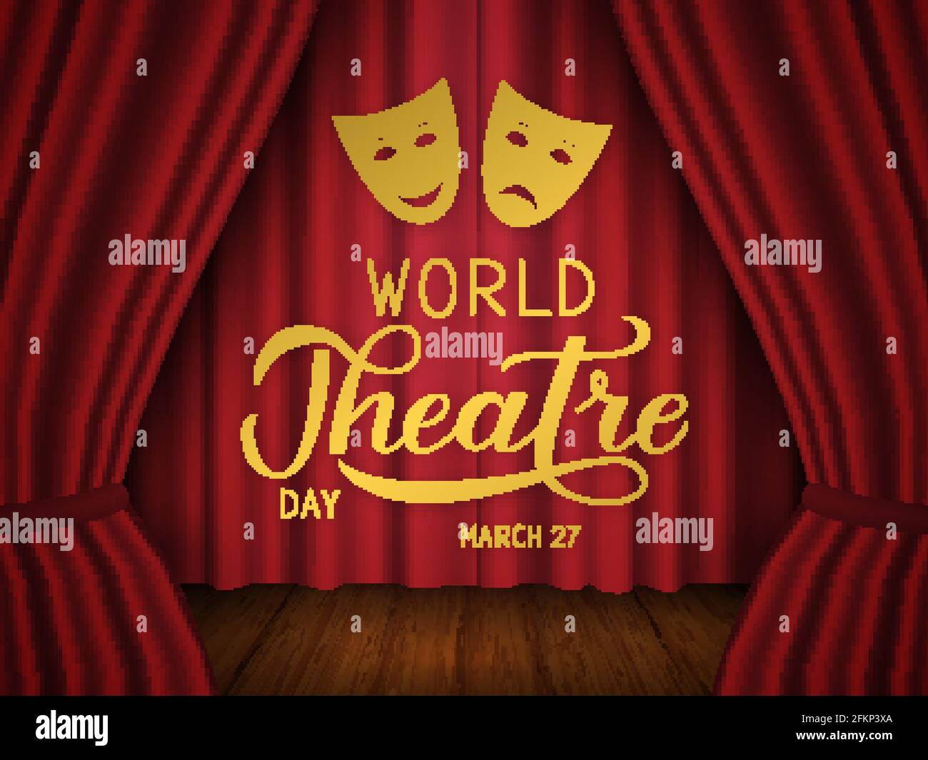 World theatre day hand lettering. Scene with red velvet curtain, wooden ...