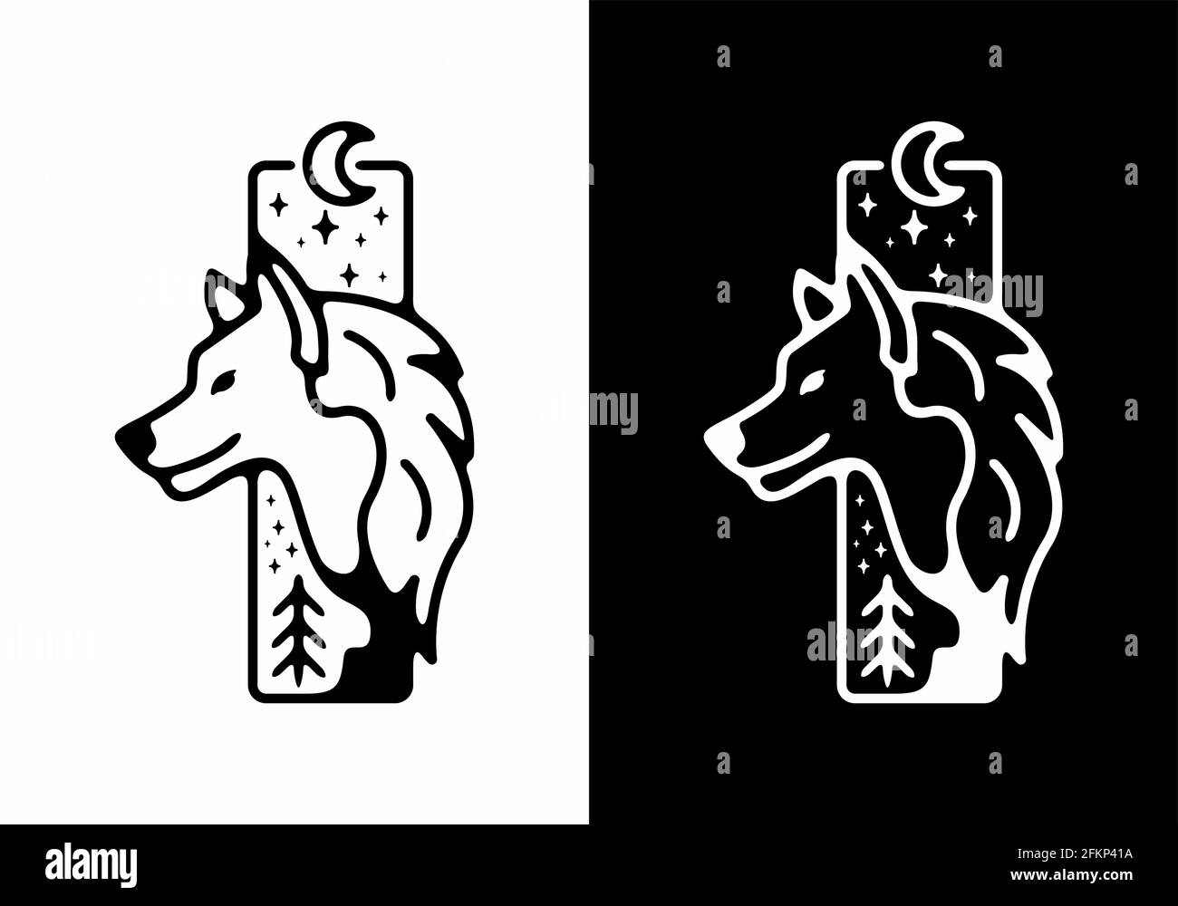 Black line art illustration of wild wolf in stand rectangle shape ...