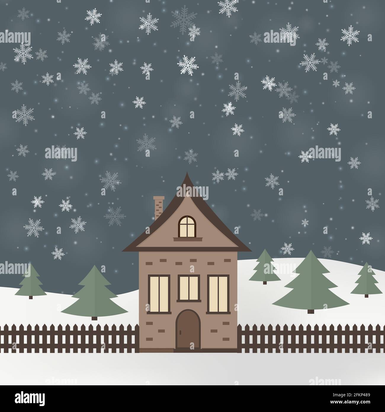 Winter snowy landscape in the night. A house in the country surrounded ...