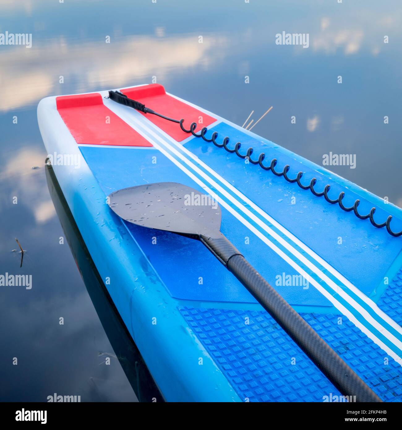 Deck of a racing stand up paddleboard with a paddle and safety leash ...