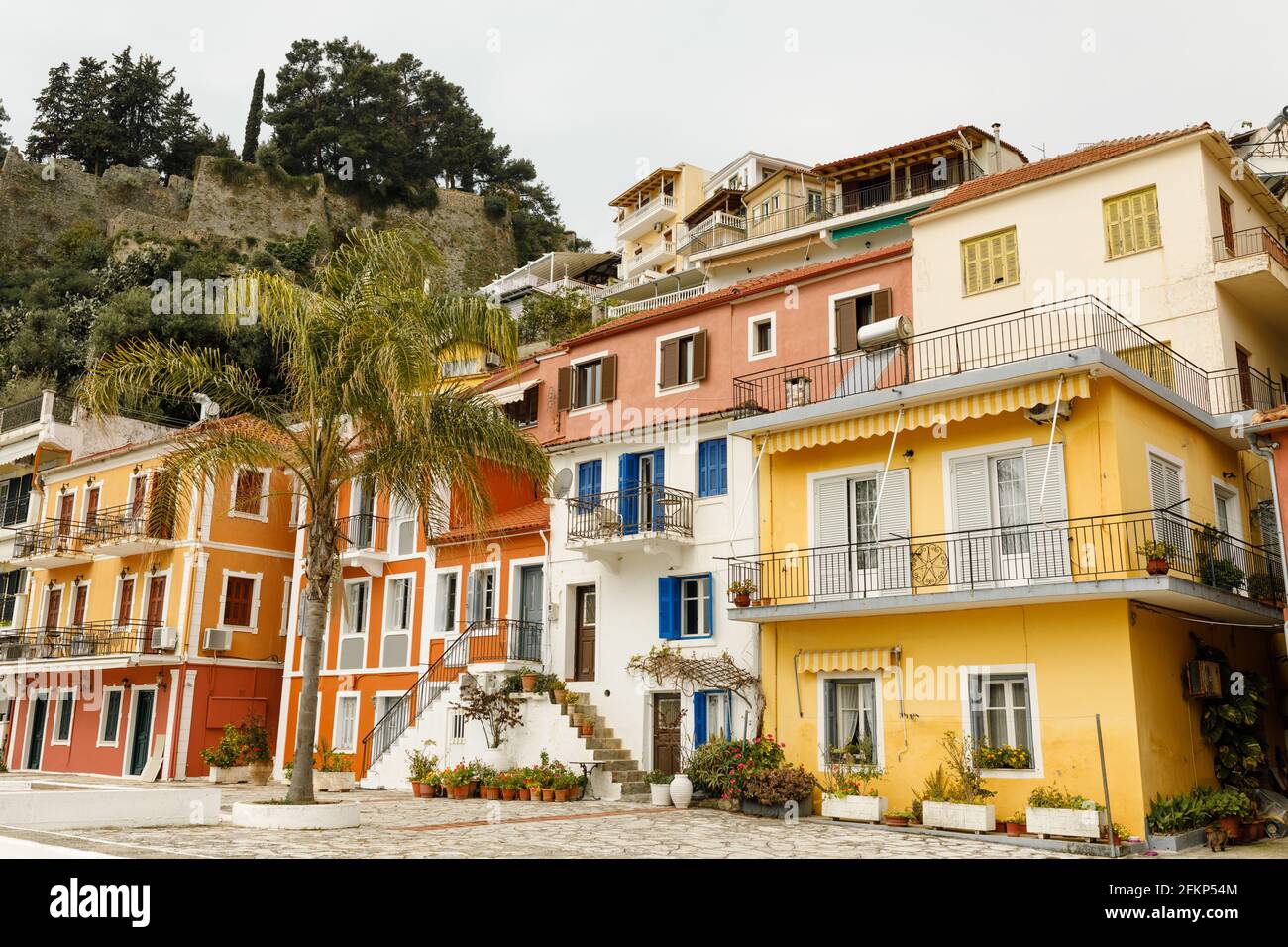 Colorful two-story mansions in Parga town in Epirus, northwestern ...