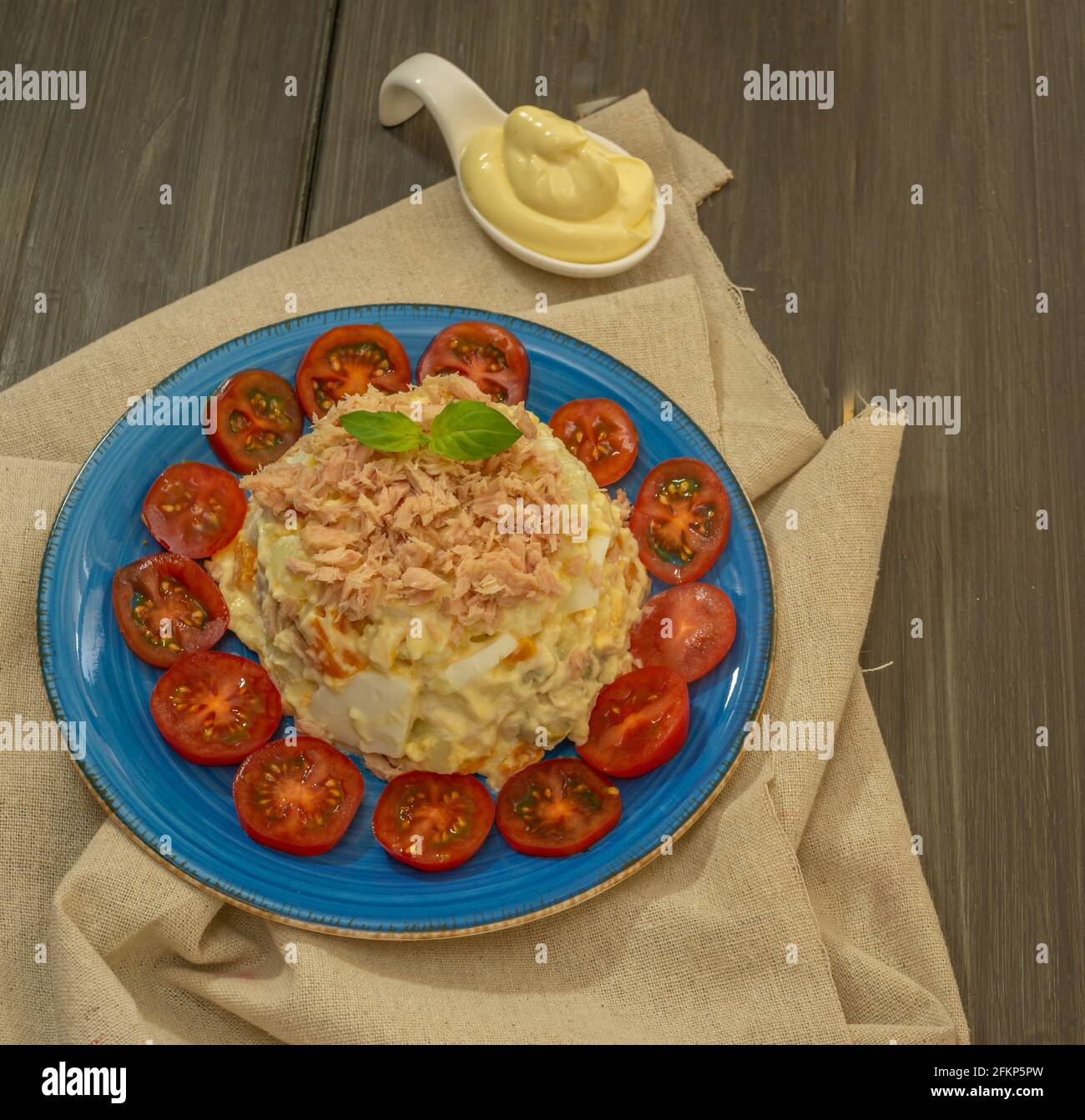 Russian salad typical fresh summer food with hard-boiled egg, pepper ...