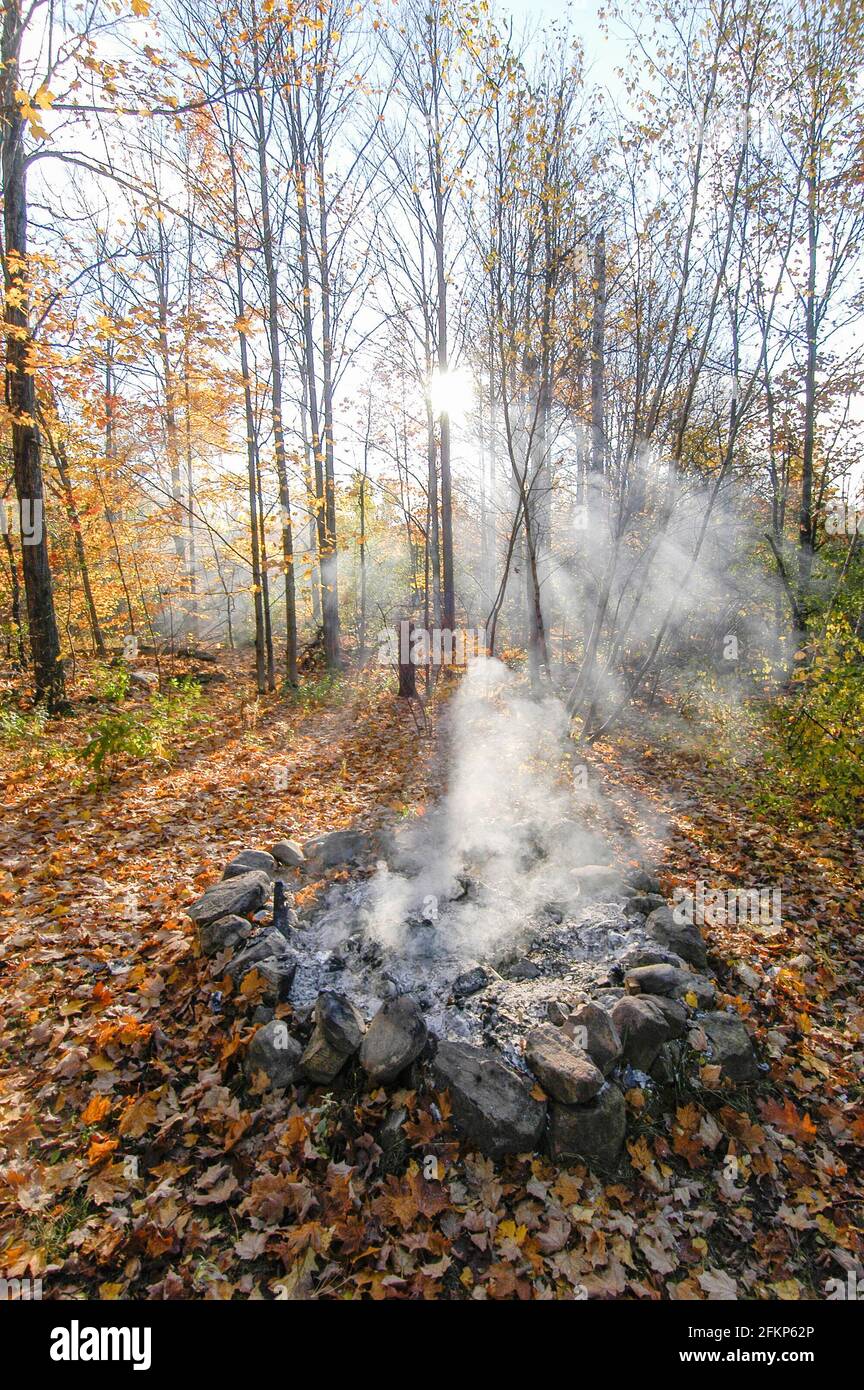 Smoke floating through the trees in the fall in the Adirondacks Stock ...